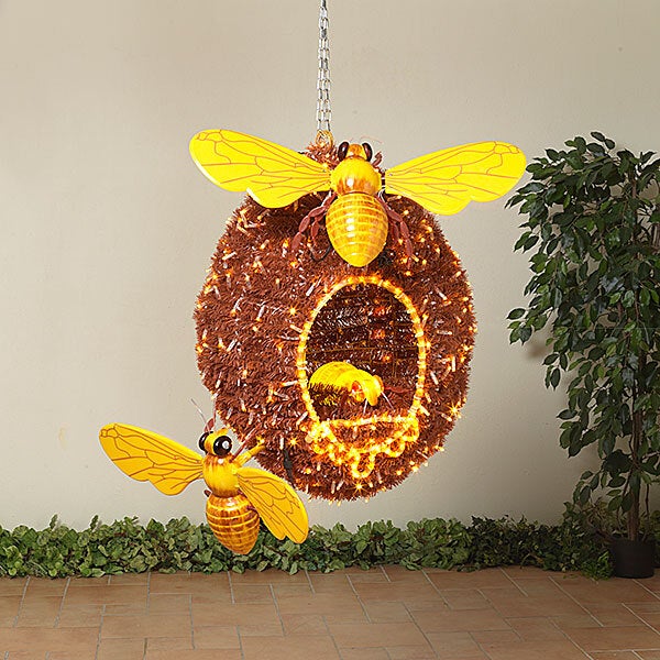 Electric Lighted Hanging Beehive with Animated Bees 31.5"H | Knocked ...